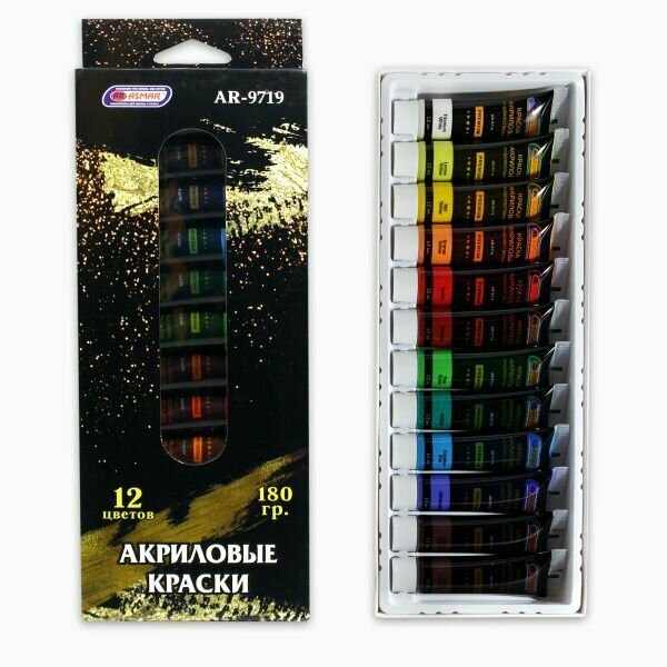 Акриловые краски 12 цветов, в тюбиках "ASMAR" (черный корпус)