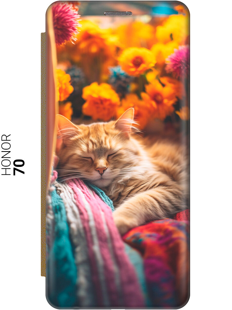 Чехол-книжка на Honor 70 / Хонор 70 с рисунком "Спящий на пледе котик" золотистый