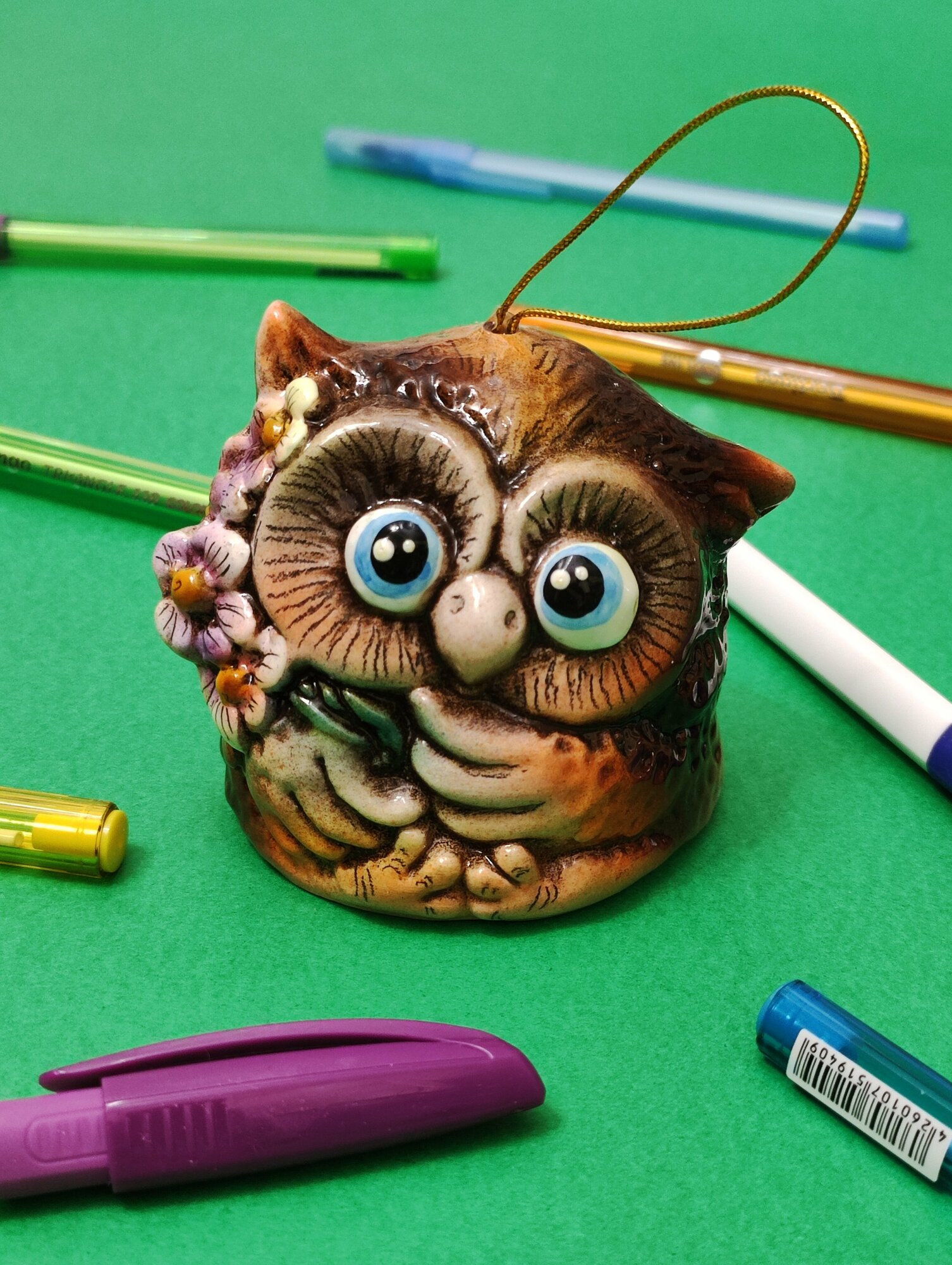 Колокольчик сувенирный "Сова с цветами" Ручная работа Керамика