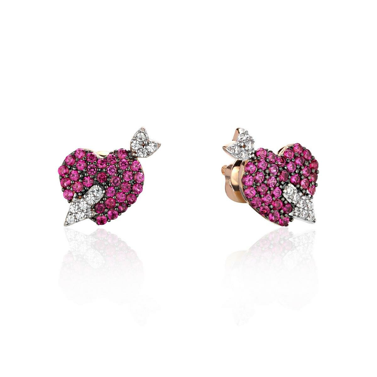 Серьги пусеты, красное золото, 585 проба, чернение, корунд, фианит
