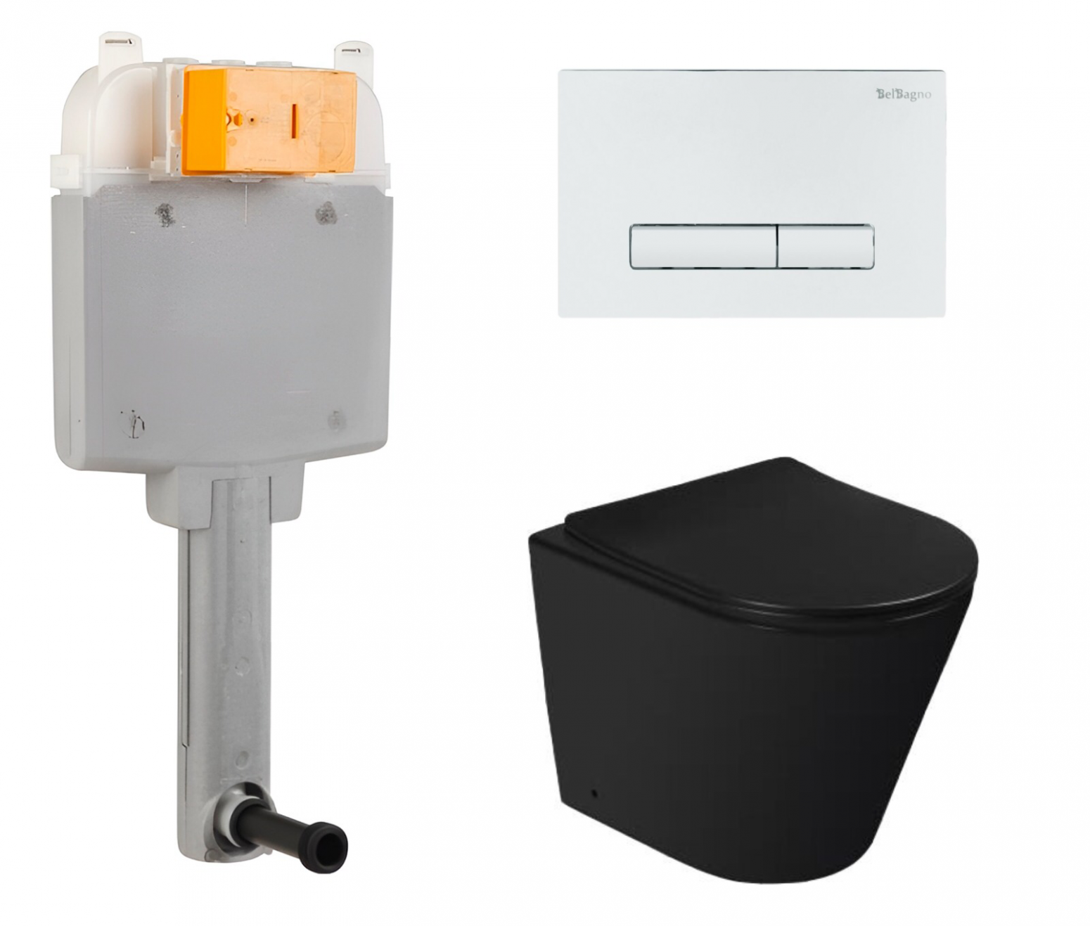 Комплект 3 в 1 смывной бачок скрытого монтажа BelBagno BB025-CS + Унитаз приставной SantiLine SL-5020MB с кнопкой белой Genova