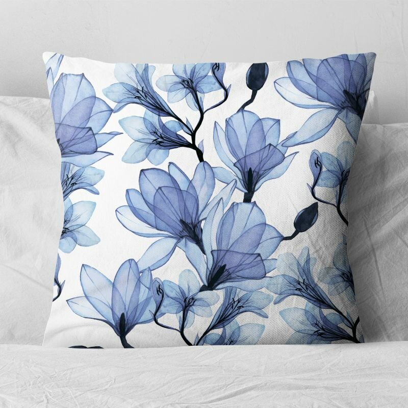 Подушка декоративная Нежные Цветы Голубой Лен 40х40 велюр