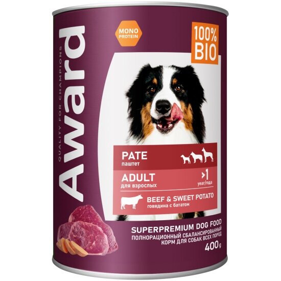 Корм влажный Award для взрослых собак паштет из говядины с бататом 400г