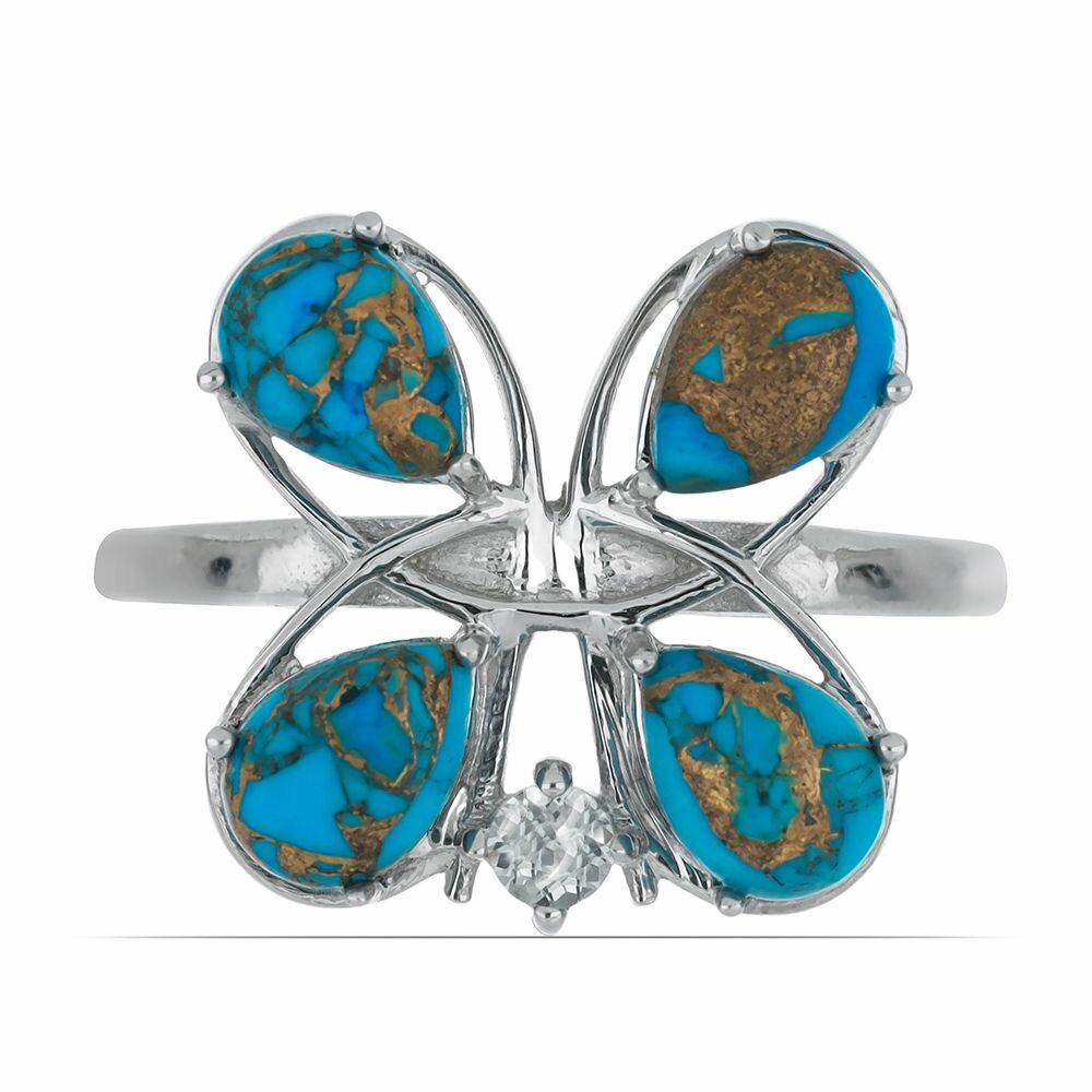 Кольцо тонкое, серебро, 925 проба, родирование, топаз, бирюза