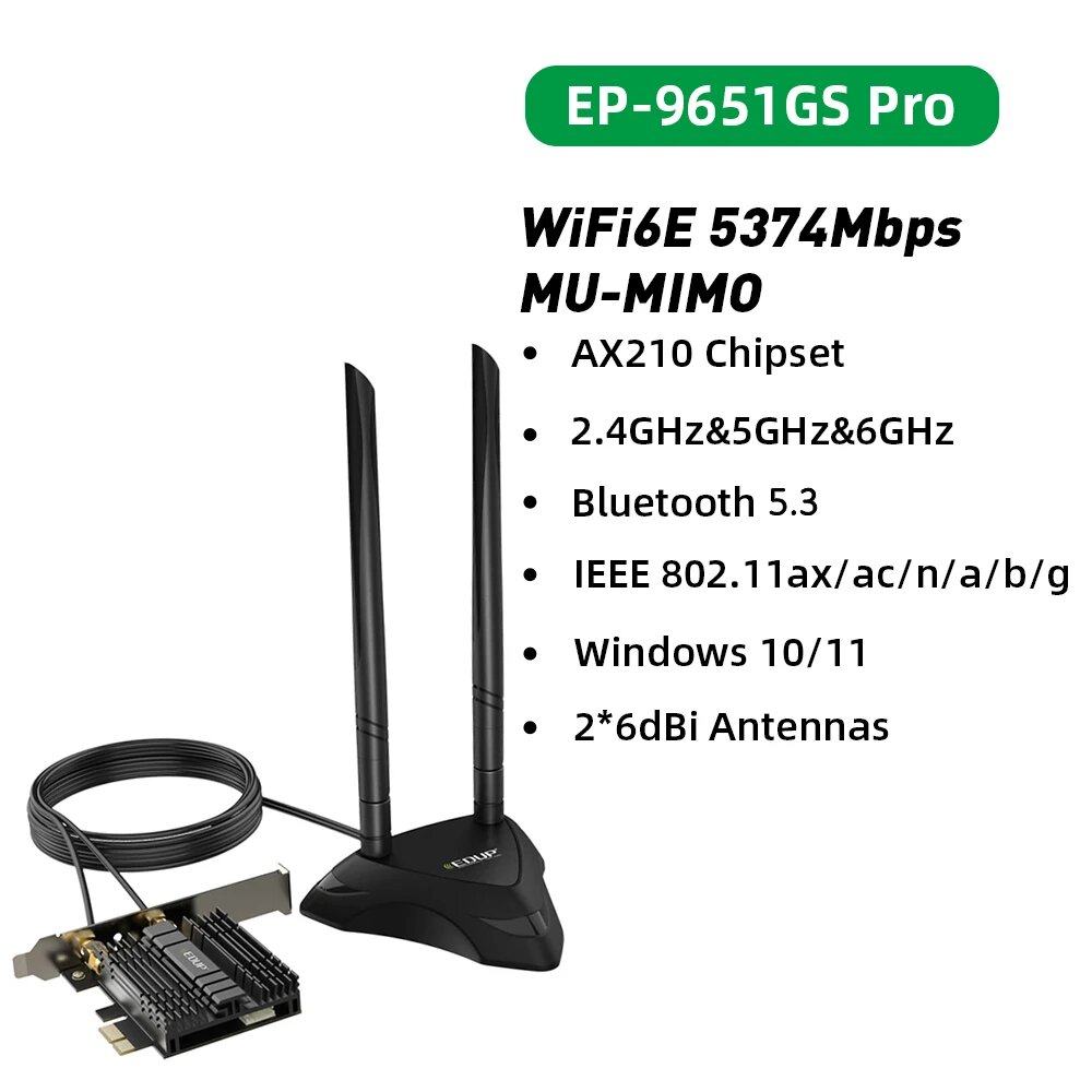 EDUP WiFi6E Intel AX210 сетевая карта Черный, EP-9651GS Pro