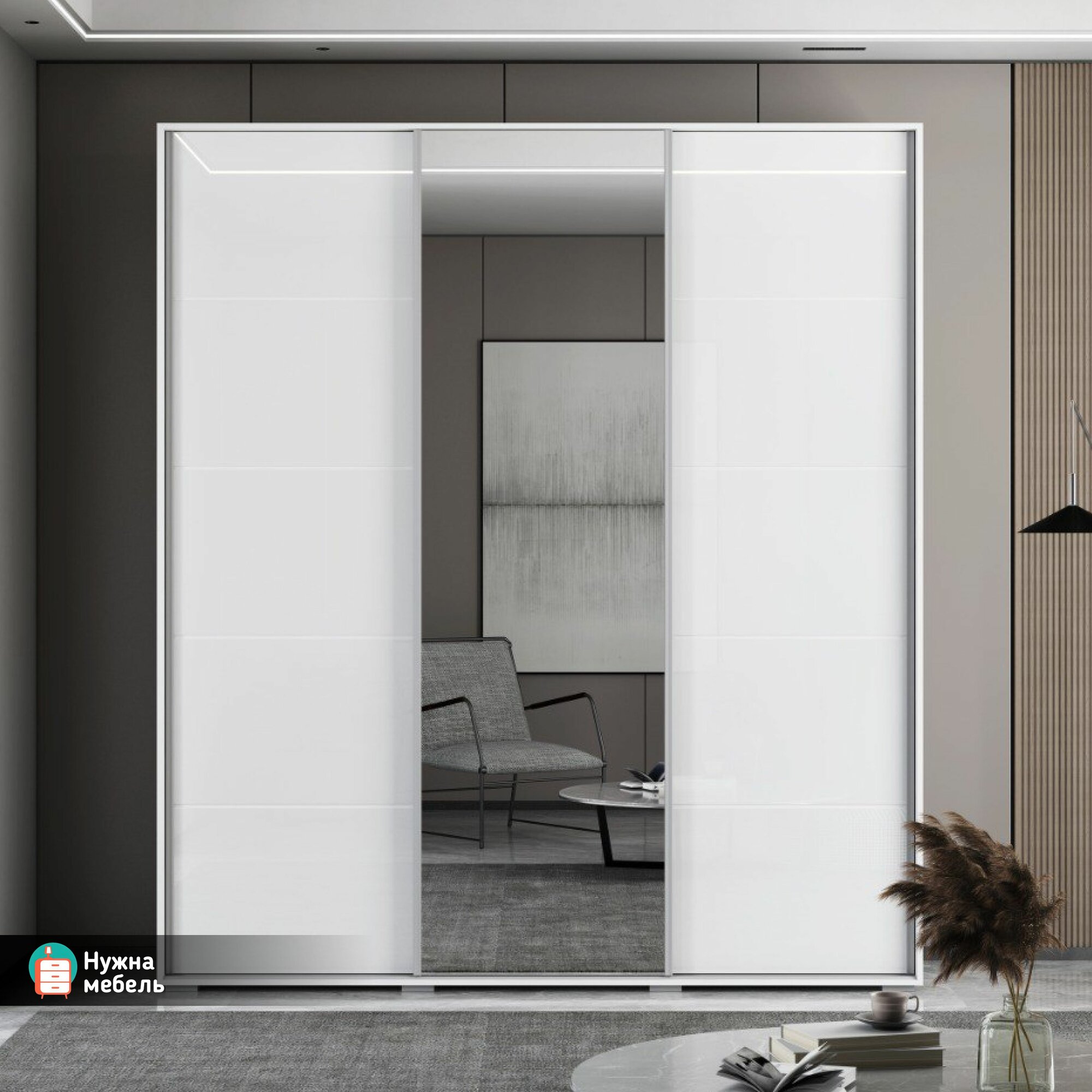 Шкаф-купе для одежды с зеркалами трехстворчатый, Модель Бакс 83 с полками и продольной штангой, Белого цвета, Мебель в спальню, прихожую и гостиную