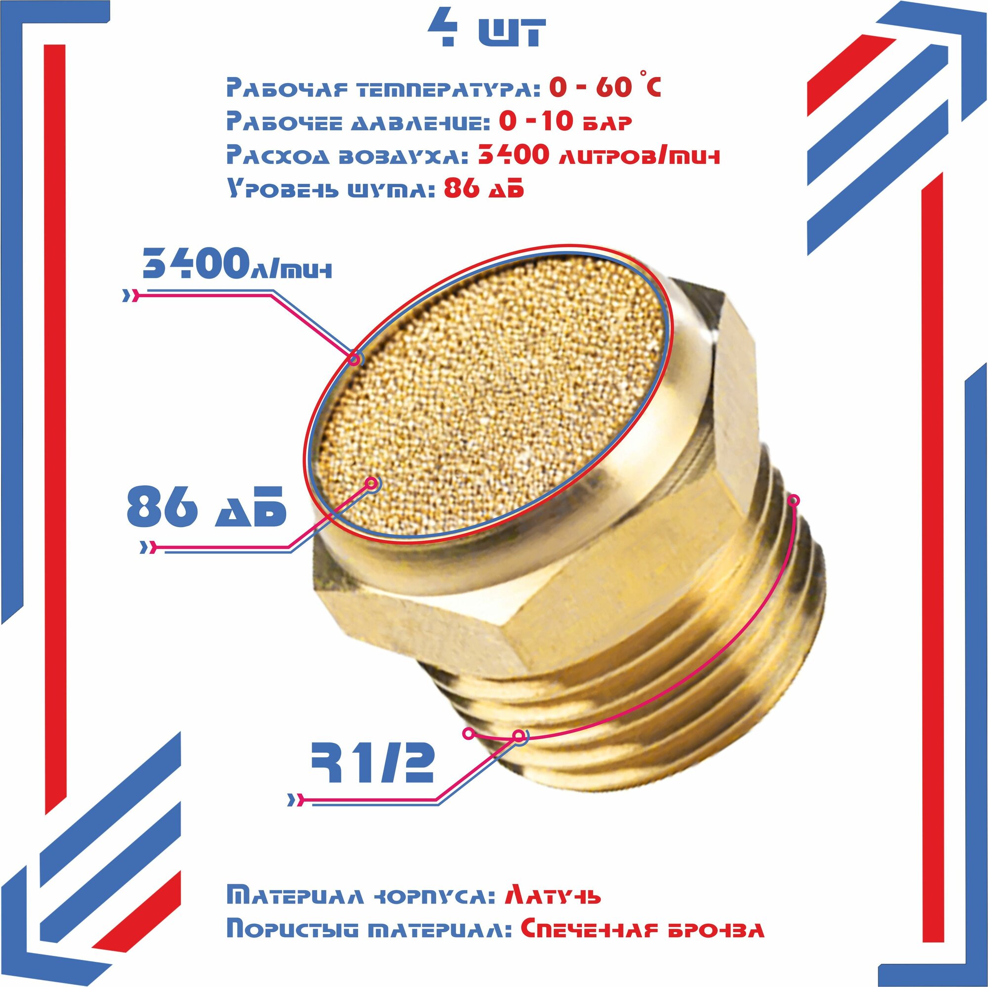 Пневмоглушитель латунный, наружная резьба 1/2, 4шт. Фитинг-глушитель пневматический.