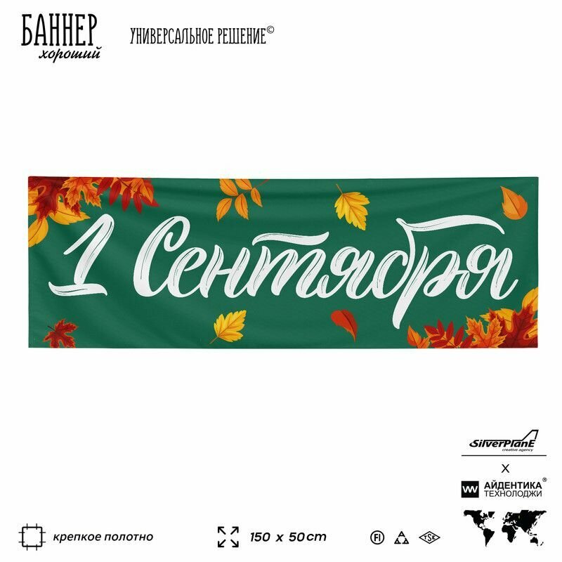 Баннер для праздника, 1 сентября, День Знаний, 150х50 см, с люверсами, зеленый, SilverPlane х Айдентика Технолоджи