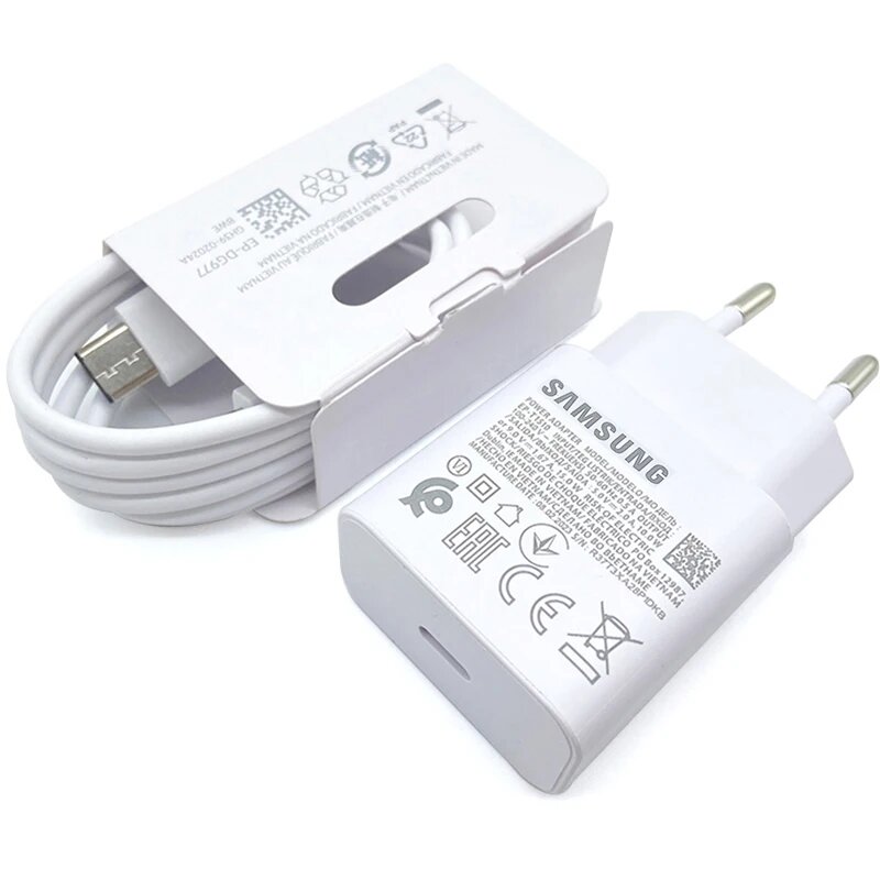 Быстрое зарядное устройство Samsung 15 Вт, адаптер быстрой зарядки USB C PD EU для Galaxy A73 A34 A32 A23 A05S A04S A13 S10 S9 Plus, кабель двойного типа White EU and Cable