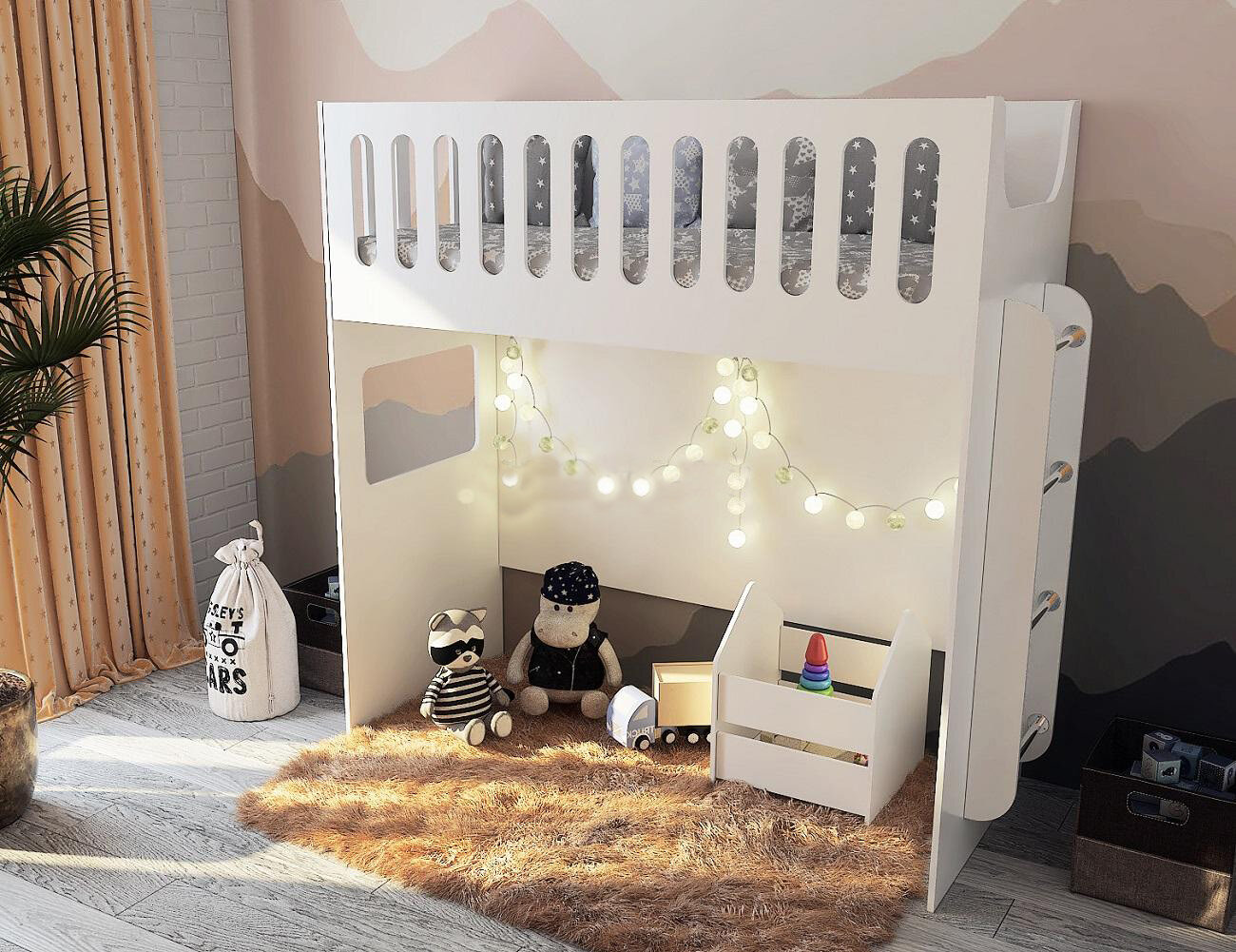 Кровать чердак с нишей ДС-27 Белый 80x180