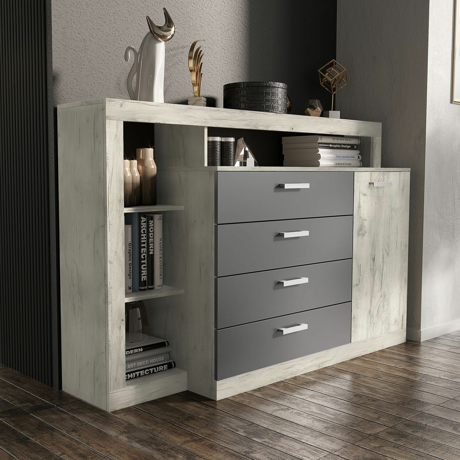 Комод большой Ангара для одежды и вещей, 4 ящика, 160х104х47 см, Дуб крафт белый / Графит