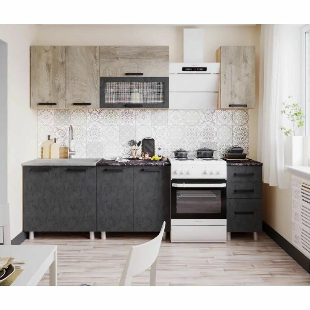 Кухня Крафт-мини 2м дуб эндрейн/бетон темный со столешницей Каспий черное золото 38мм ЛДСП для дома дачи 2000х600х2150 домани