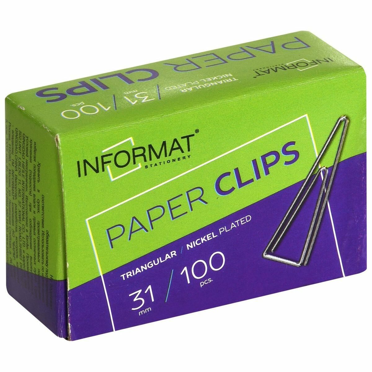 Скрепки inформат (31мм, никелированные, треугольные загнутые) картонная упаковка, 100шт, 10 уп.