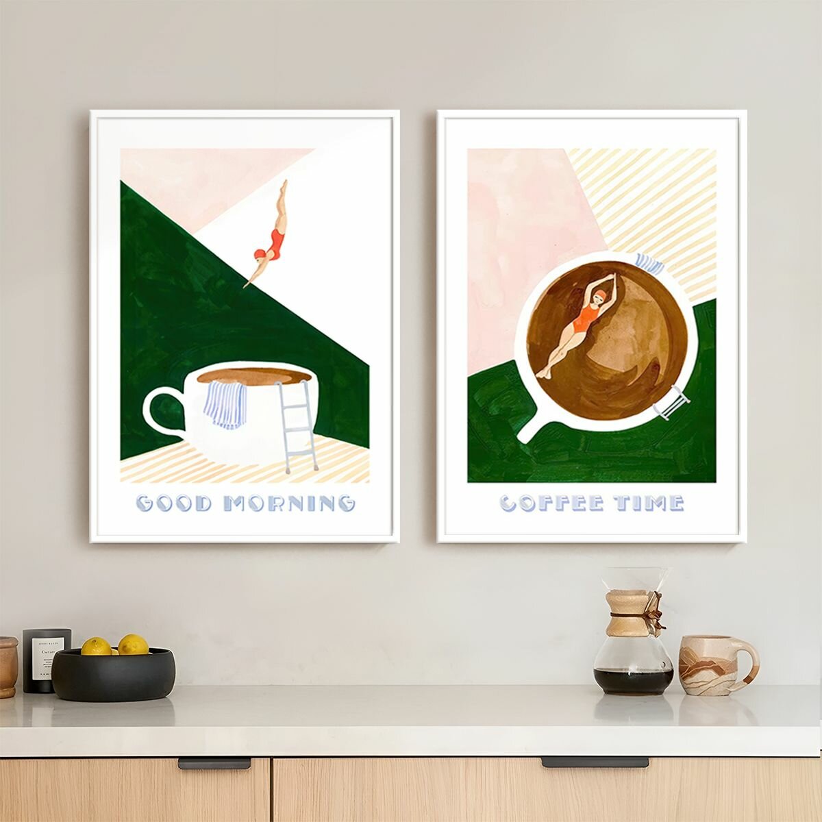 Постеры 2 шт 50х70 на стену "Девушка плавает в кофе" набор картин для интерьера
