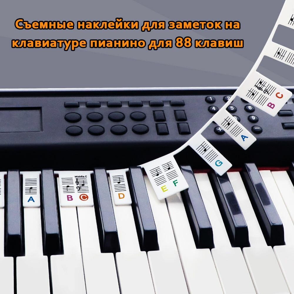 Многоразовое руководство по нотам для фортепиано, Съемные наклейки для заметок на клавиатуре пианино для 88 клавиш, этикетки с буквенными обозначениями, Простое в установке,(красочное).