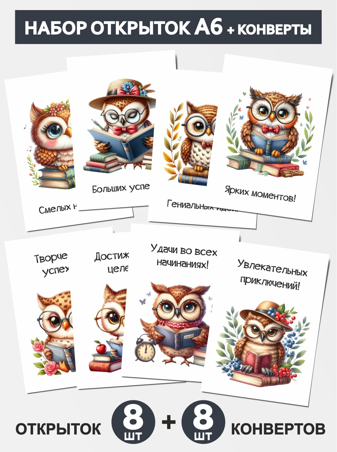 Набор школьных почтовых открыток А6 - 8 шт и крафт-конверт С6 - 8 шт, для подарков выпускнику, ученикам на 1 сентября и День Рождения, Школьная сова #007 - №1, postcard_8_school_owls_#007_А6_set_1