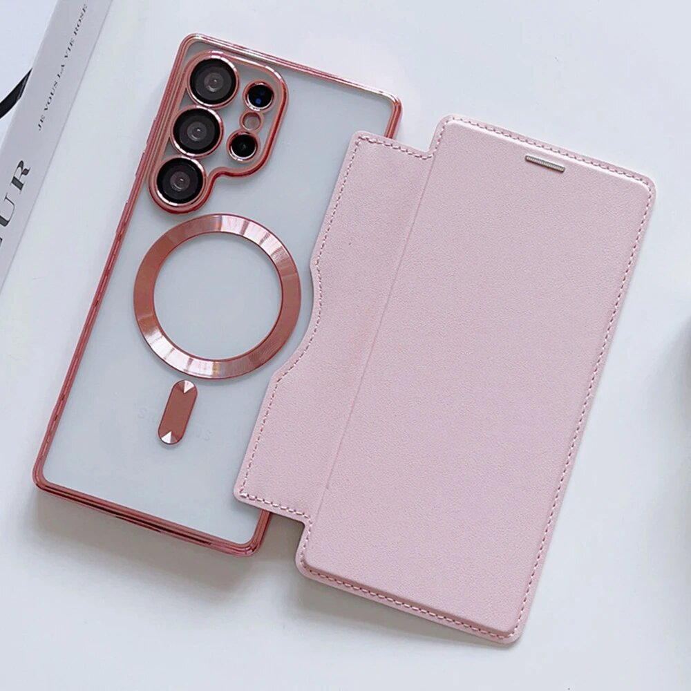 Магнитный кожаный флип-держатель для карточек для телефона Magsafe, чехол для Samsung S26 S25 Edge S24 S23 Ultra S22 Plus, прозрачные колпачки с покрытием