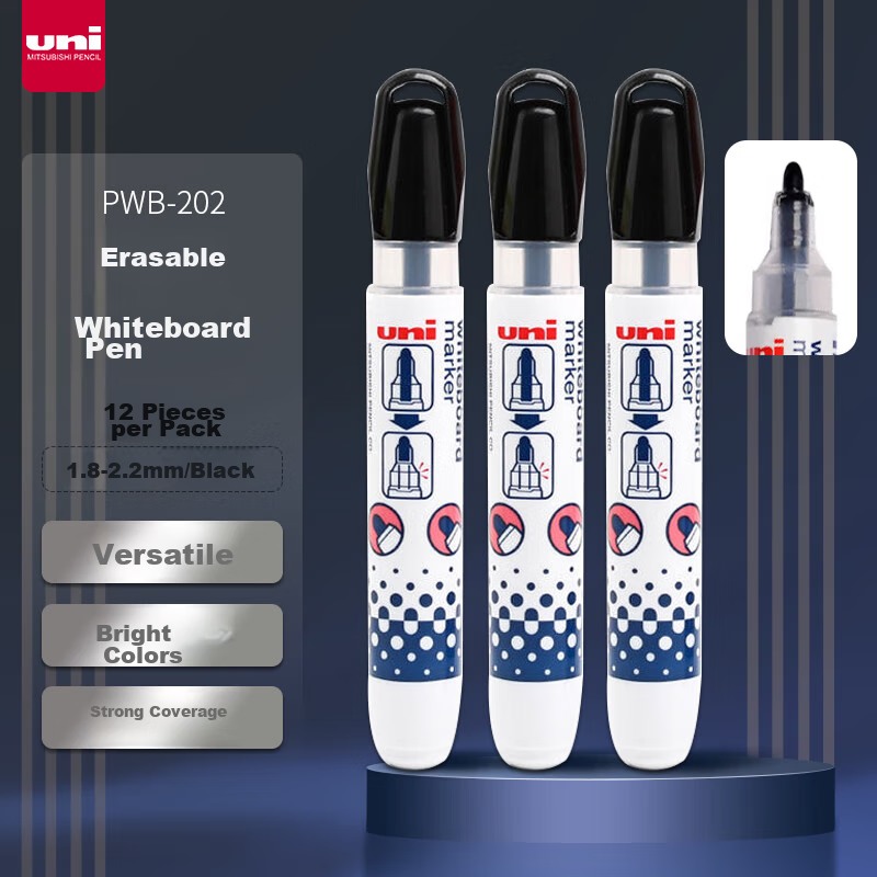 Mitsubishi (Uni) Erasable Whiteboard Marker Pen PWB-202, Office Stationery, Children's Marker Pen, 1.8mm-2.2mm, Black, 12-Pack