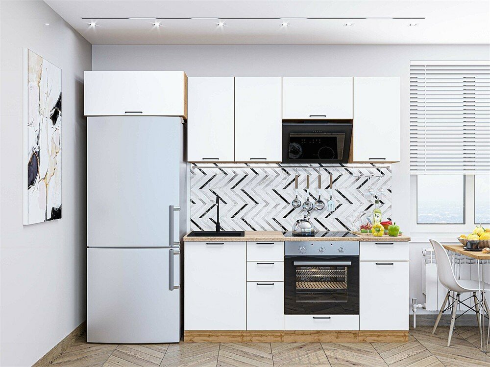 VVT Кухонный гарнитур модульный Флэт-01, каркас ЛДСП Дуб Вотан, фасад ЛДСП White In 2S, 2140*2600*600