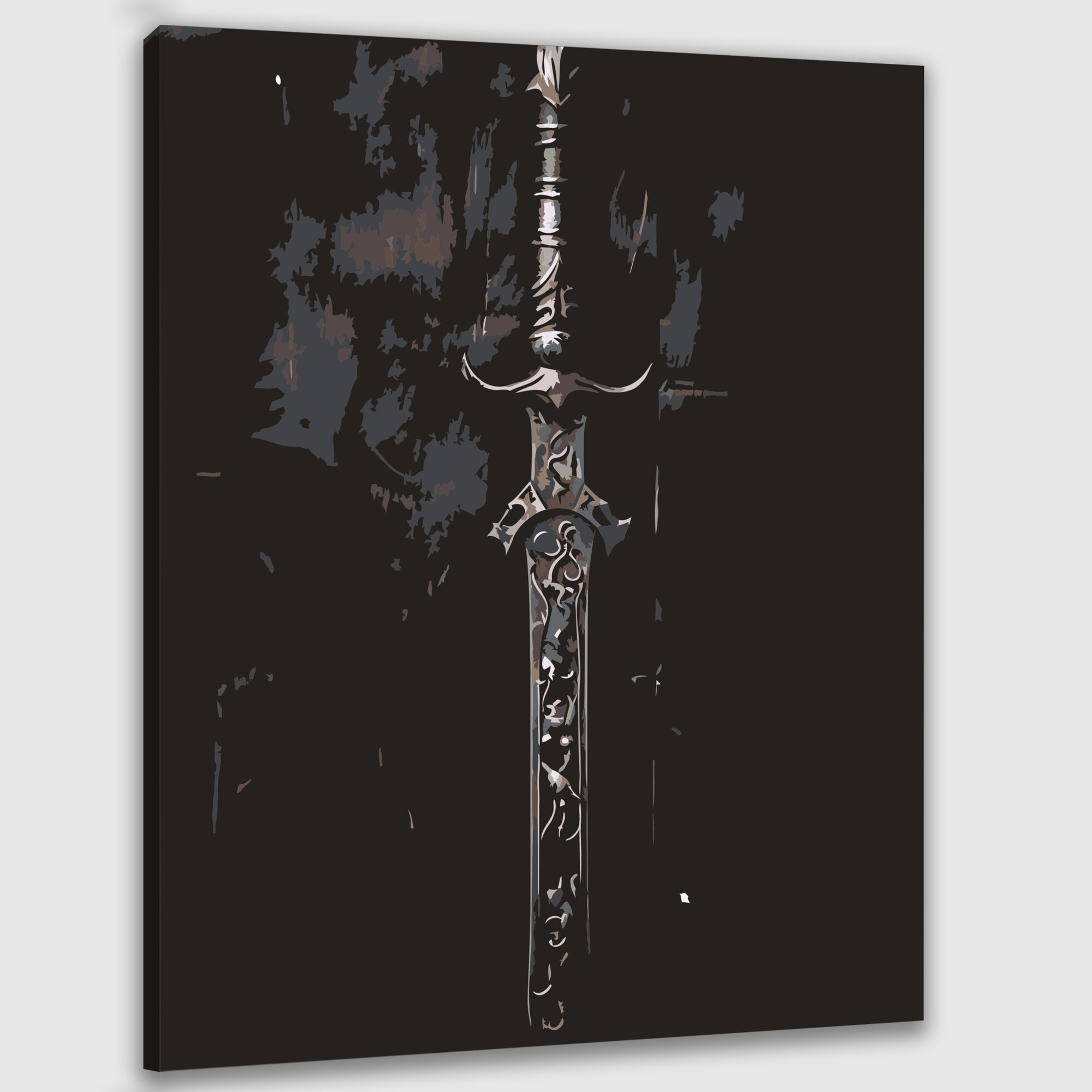 Картина по номерам 40x50 см, черно-белая фотография, старинный меч, засохшая кровь, деревянный стол, тайна, интрига