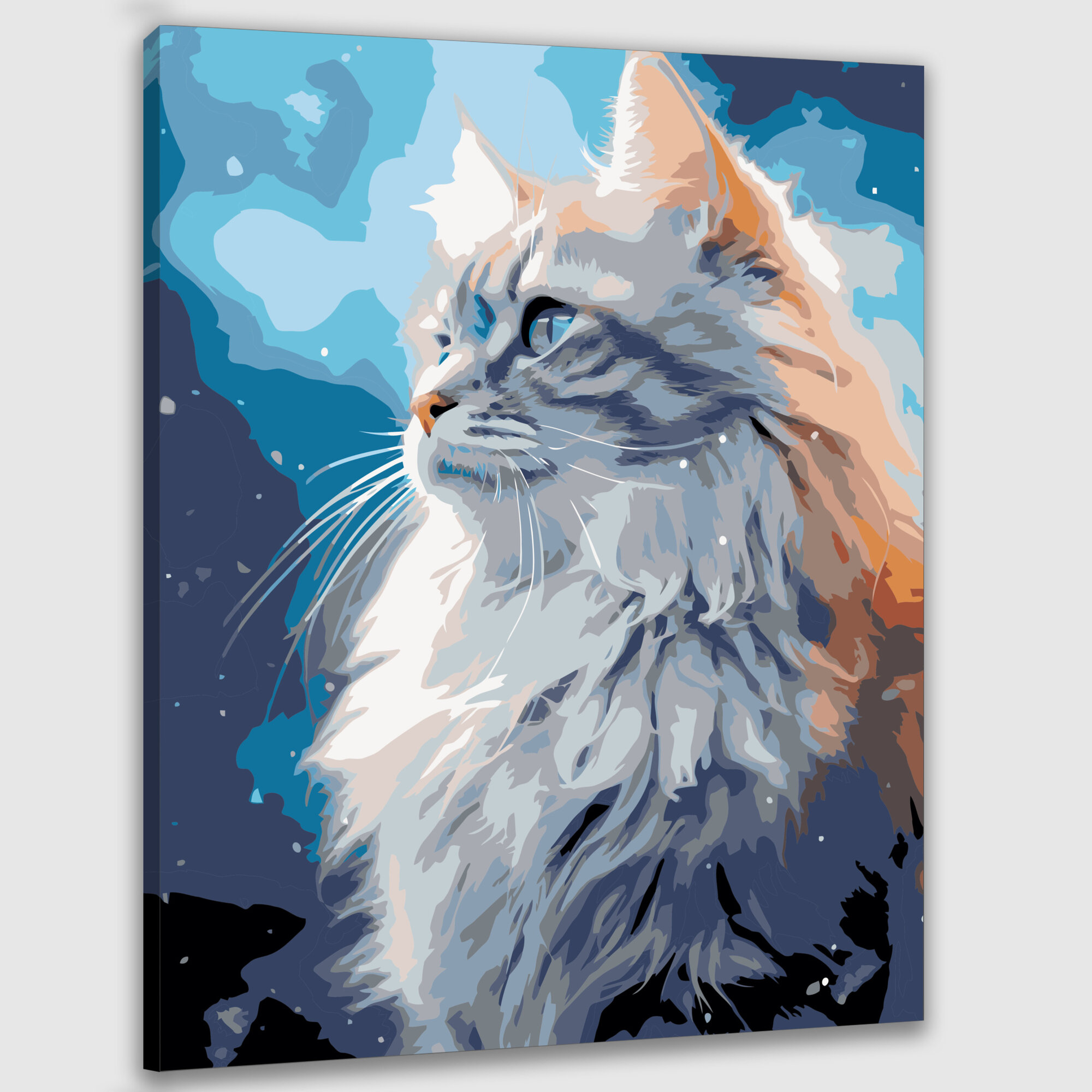 Картина по номерам 40x50 см, кошка, мейн-кун, цифровое изображение, сияние, снежная буря, мех, переливы, синий