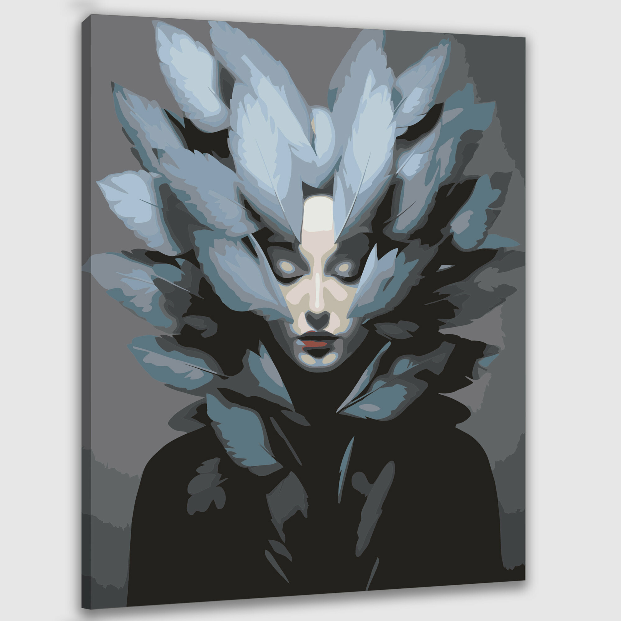 Картина по номерам 40x50 см, рыжие волосы, птичьи крылья, закрытое лицо, темные очки, черное платье, розовые губы