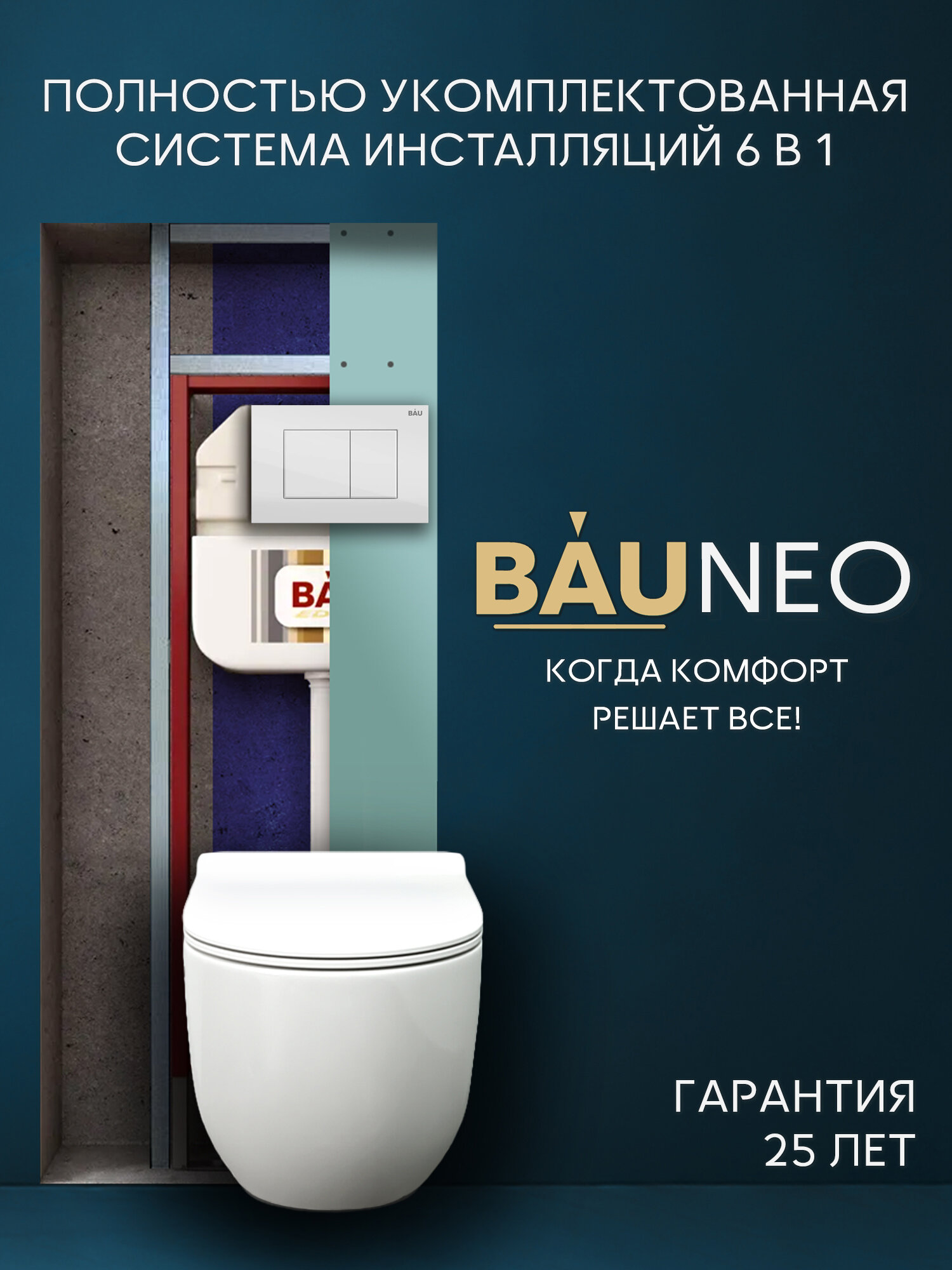 Комплект BAU 6 в 1: рамная инсталляция BAU NEO 45, унитаз подвесной безободковый торнадо Bau 50х36 Hurricane, сиденье дюропласт микролифт, кнопка смыва BAU Stil , белый глянец