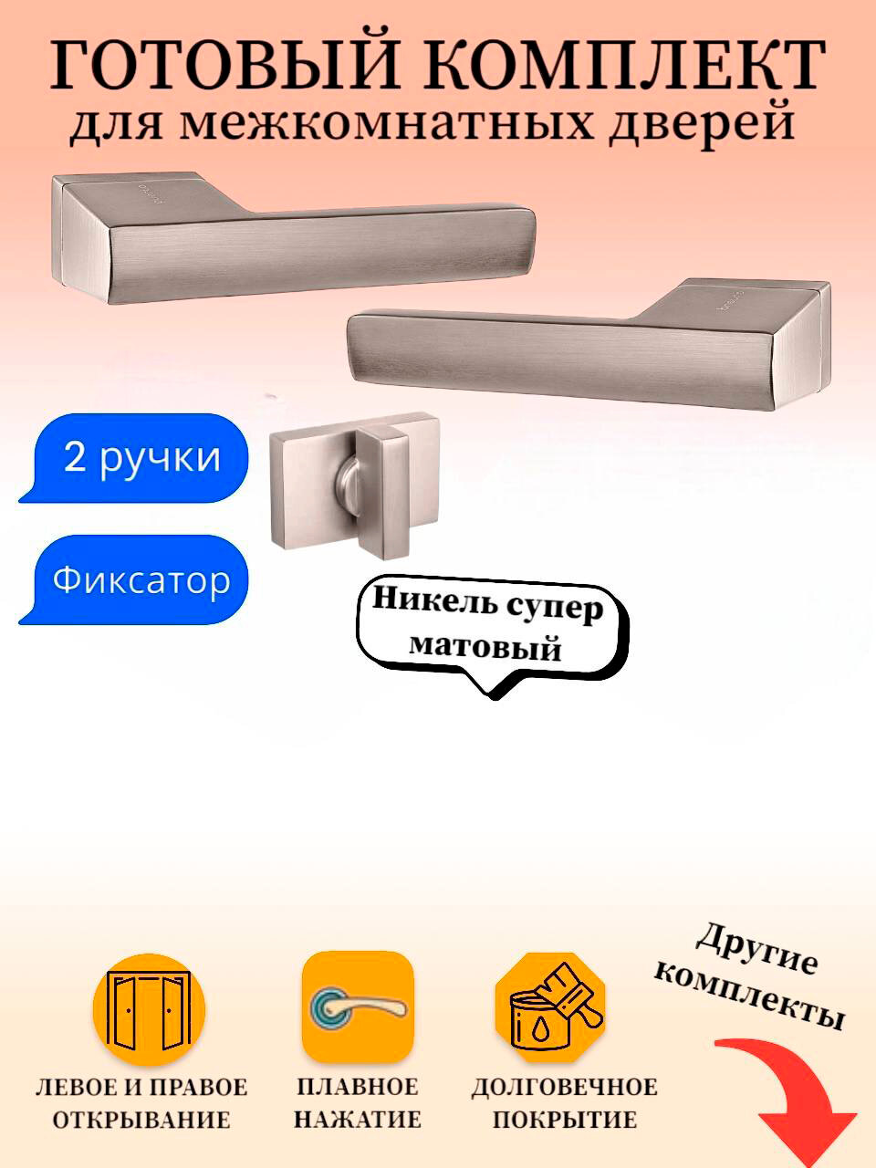 Ручка дверная межкомнатная PUERTO INAL_558-01_MSN_W, никель супер матовый (ручка + фиксатор)