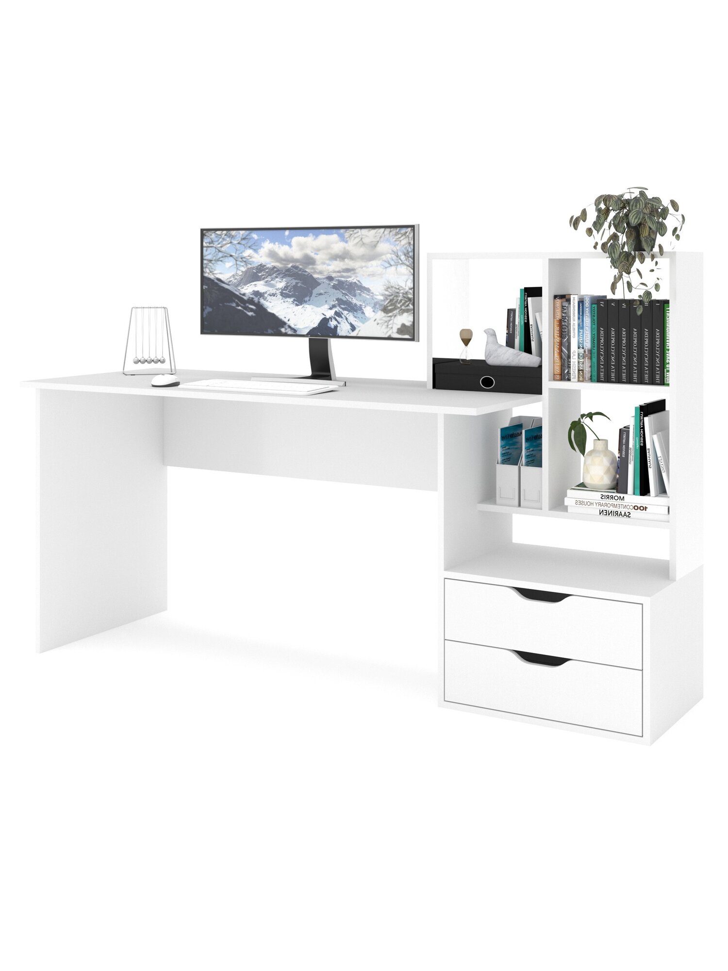 Есэндвич Лаворо 5 Письменный стол со стеллажом и ящиками 170х110х60 см правый (Белый/Белый глянец)