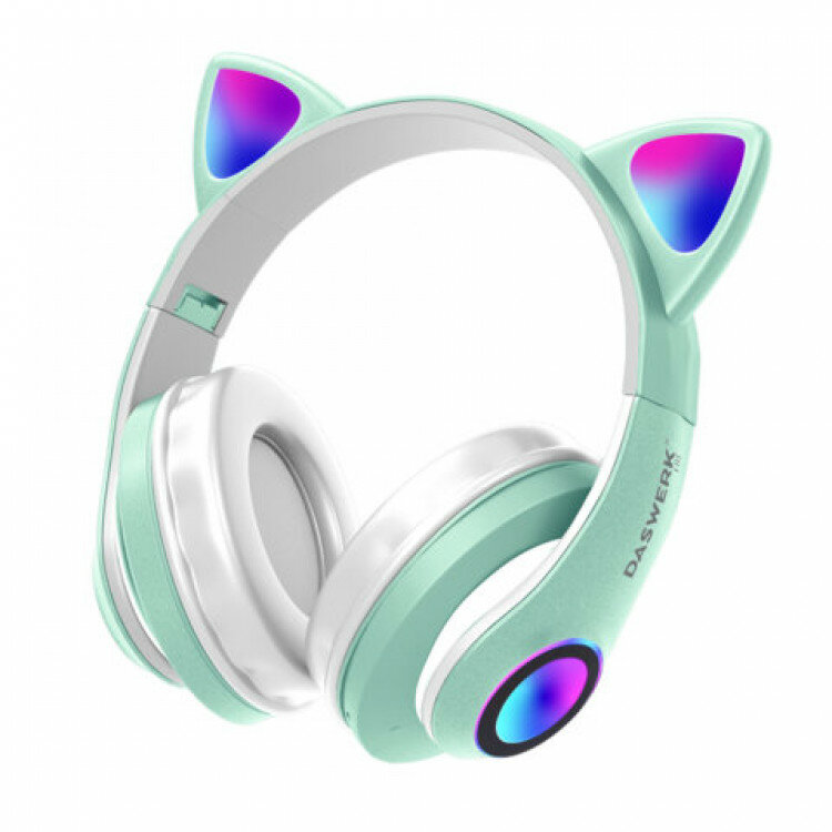 Наушники беспроводные игровые накладные, с ушками, светящиеся, мятные DASWERK (дасверк) STN-28, 513804