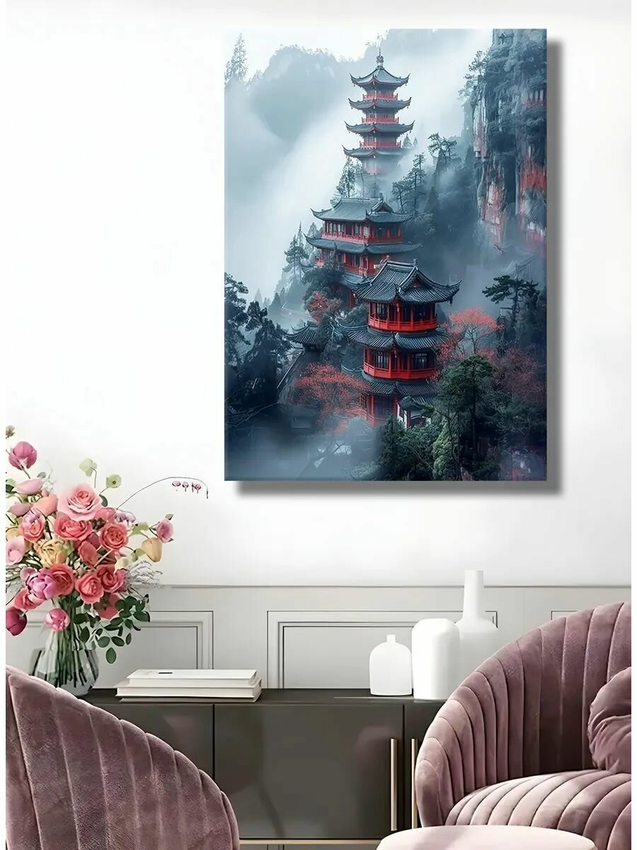 Картина "Туманная пагода", интерьерная 50х70см 1шт.