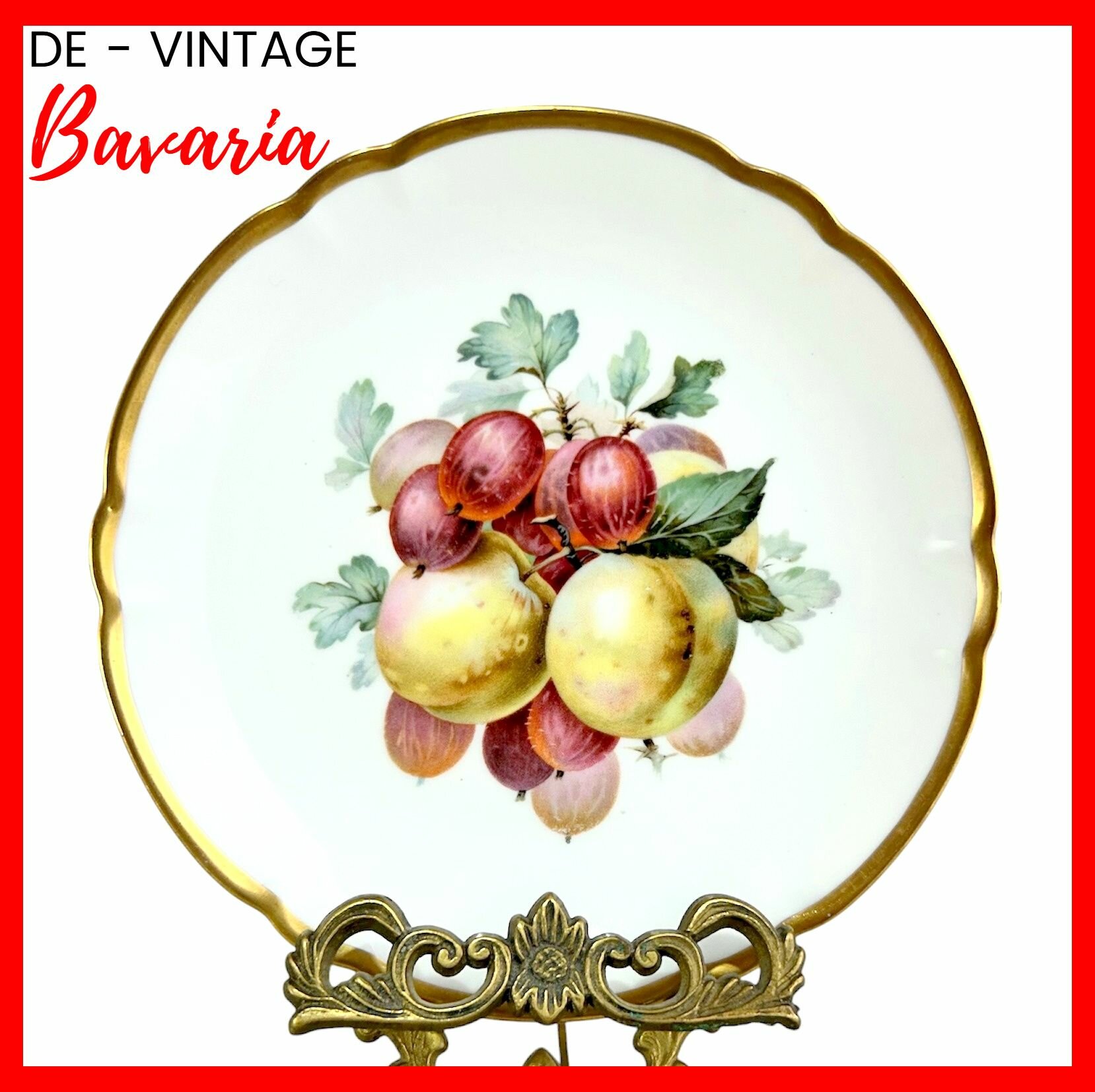 Декоративная тарелка Фрукты, крыжовник и яблоки, фарфор, винтаж. Германия