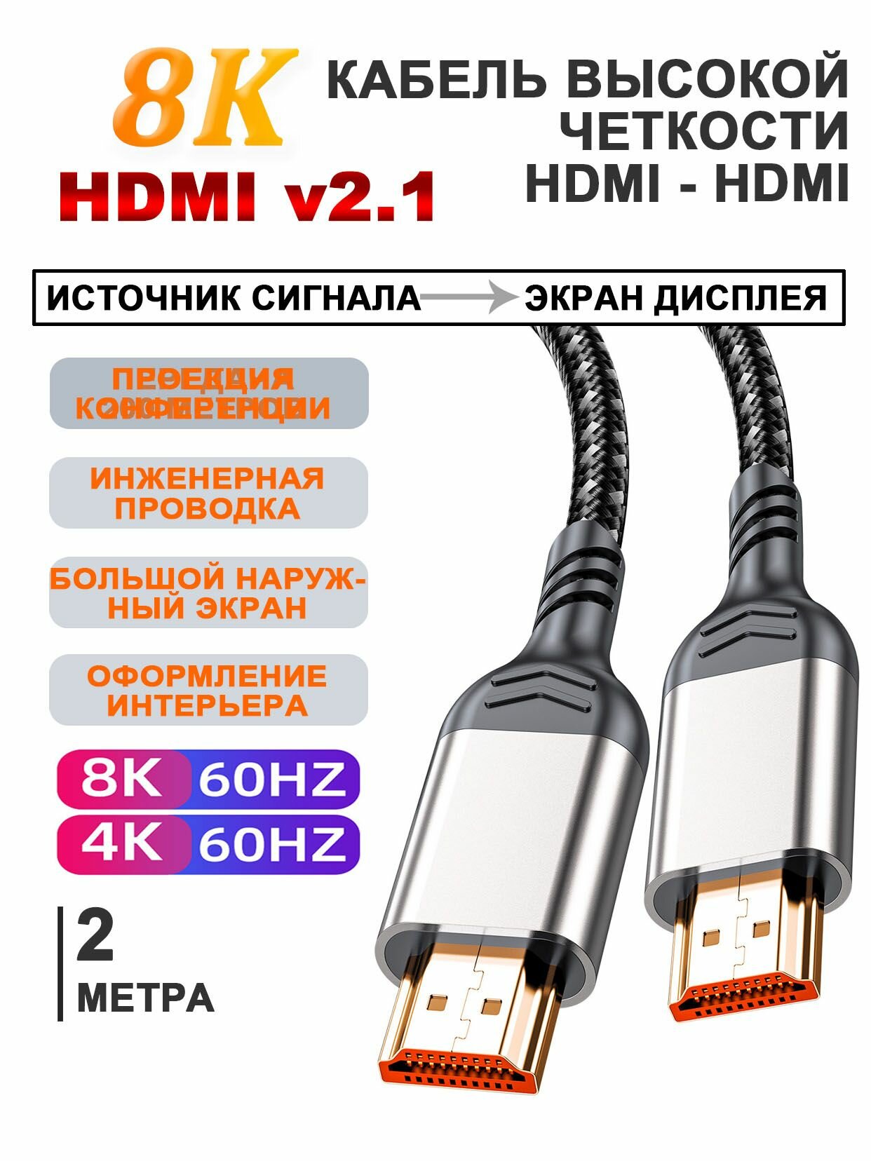Кабель HDMI 2.1 оптоволоконный 8K@60Hz 4K@240Hz до 200м, поддержка HDR, для телевизора проектора игровой консоли инженерная прокладка