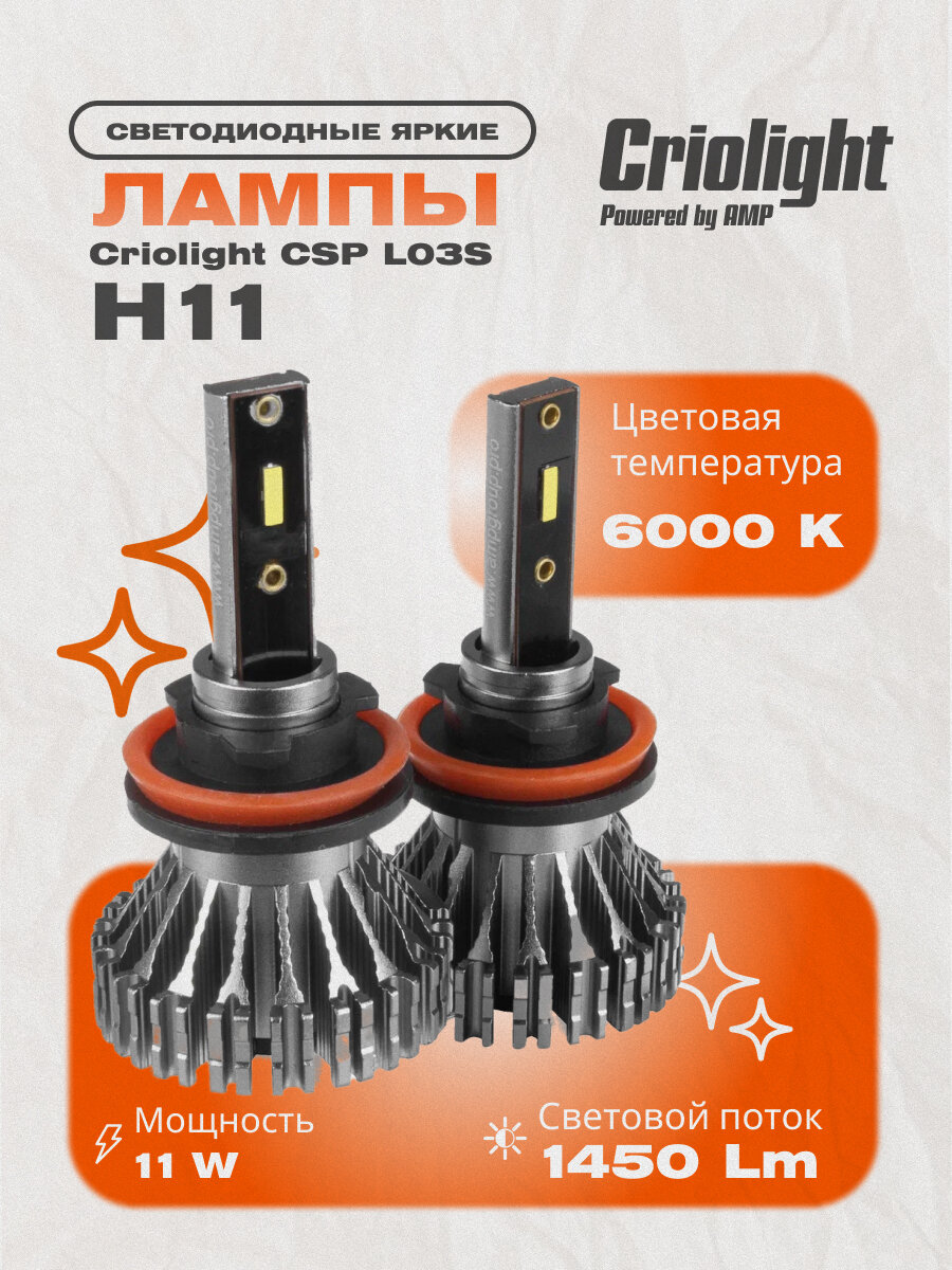 Лампы автомобильные AMP CSP L03s / Светодиодные авто Led лампы H11 / белый свет, 2шт