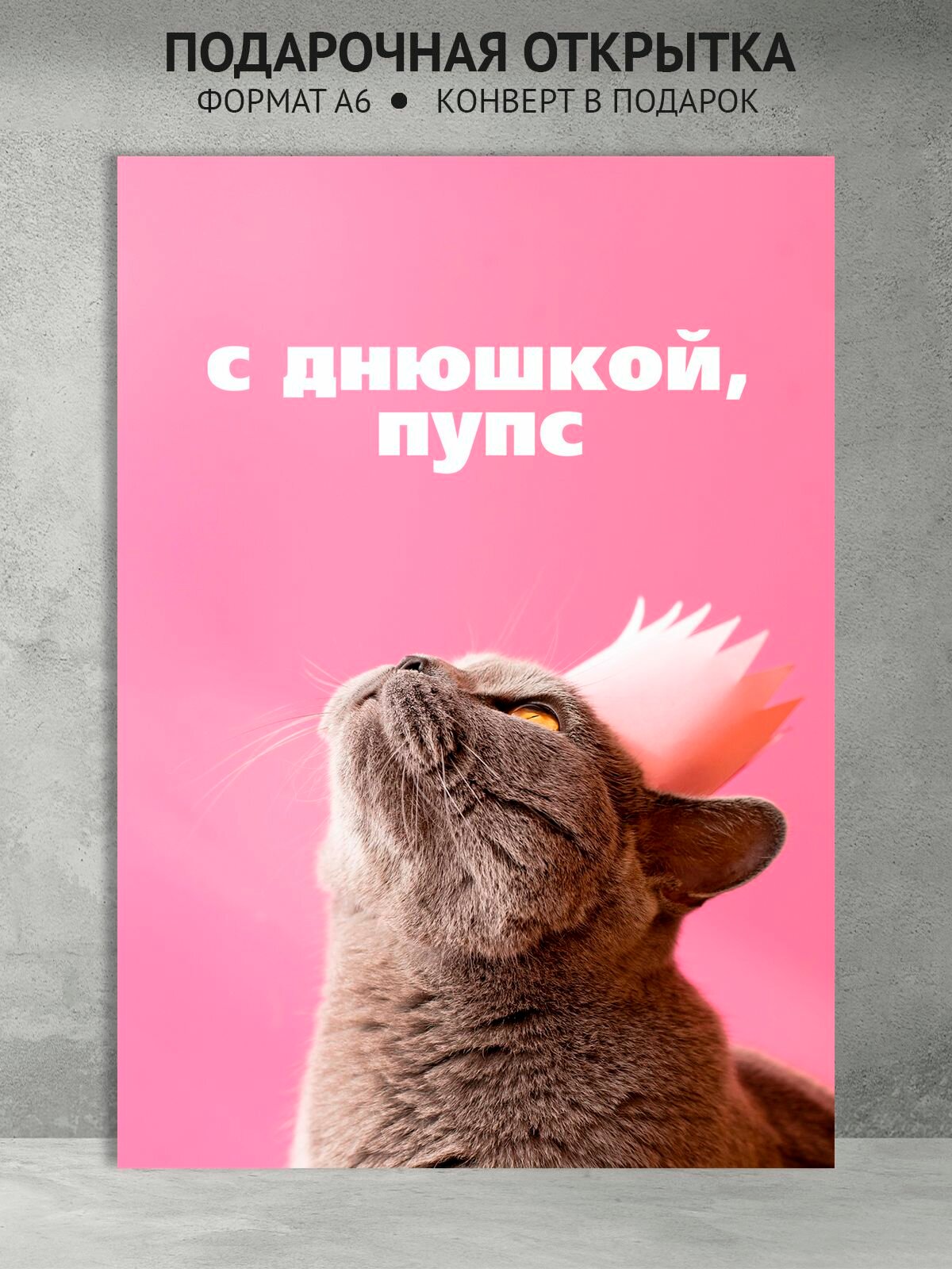 Подарочная открытка с уникальной иллюстрацией котик "С днюшкой, пупс" с днем рождения, с юбилеем