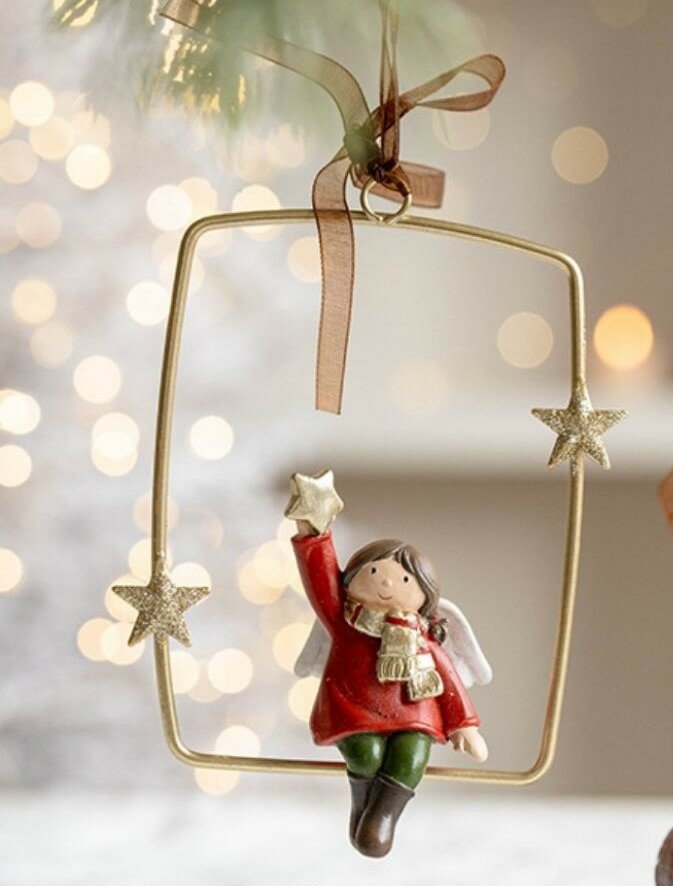 Елочная игрушка "Ангел", керамика, металл, белая, красная. Новогоднее украшение для дома. Коллекция 2026 года