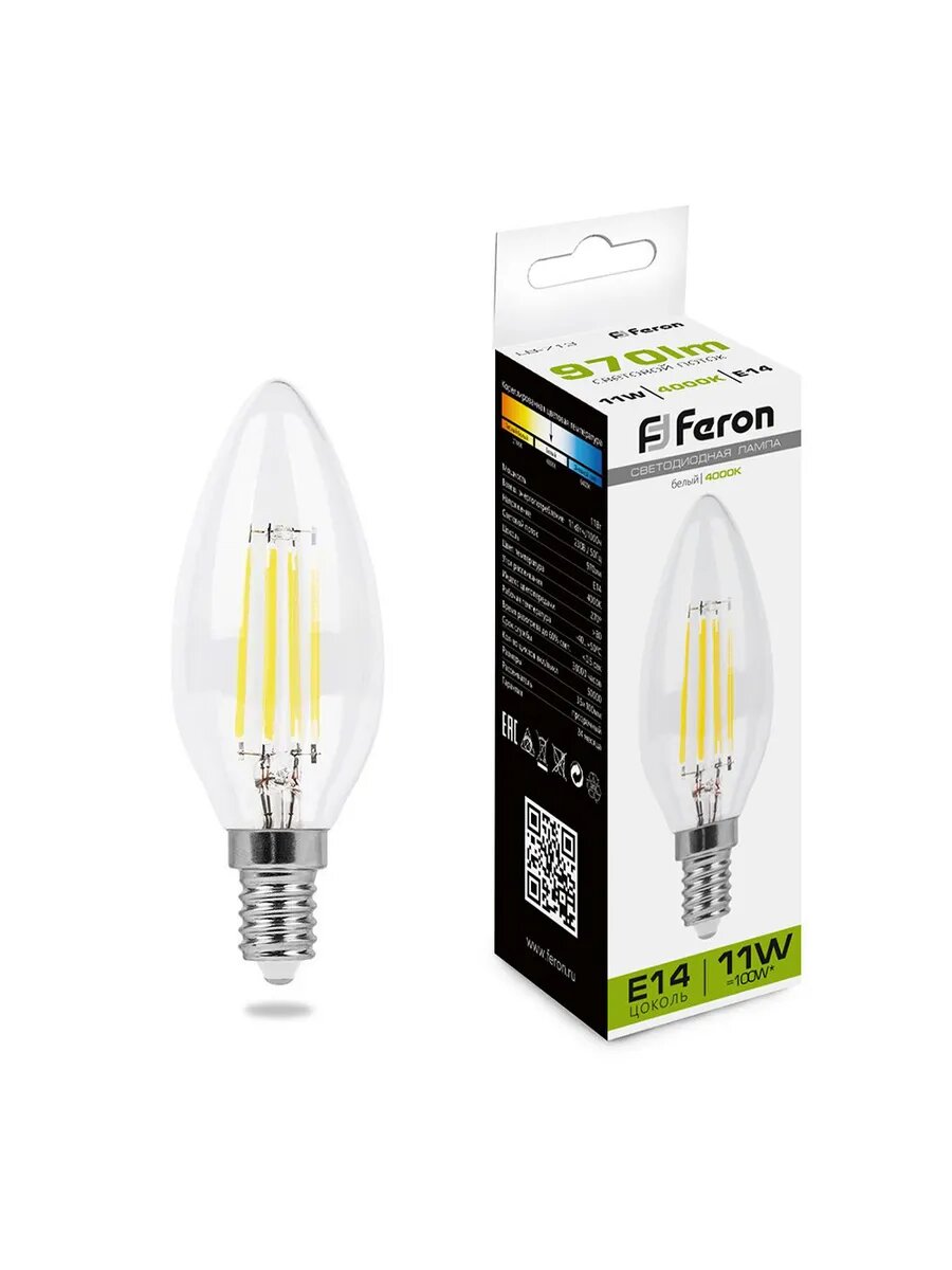Лампа филамент светодиодная 11 Вт Е14 свеча 4000К