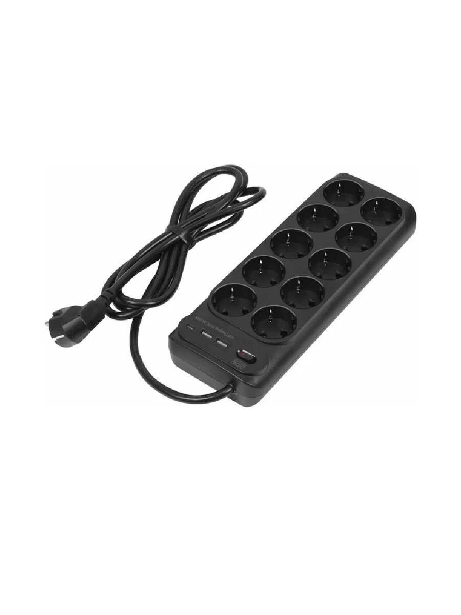 Сетевой фильтр-удлинитель PowerCom SP-10 USB2A1CB 3.0M, 10 розеток, черный, 16А, 4кВт, 204Дж, защитные шторки, защита от КЗ, перегрузки и импульсных помех, один порт USB-C(PD20W) и два USB-A(QC3.0) суммарной мощностью 15Вт,