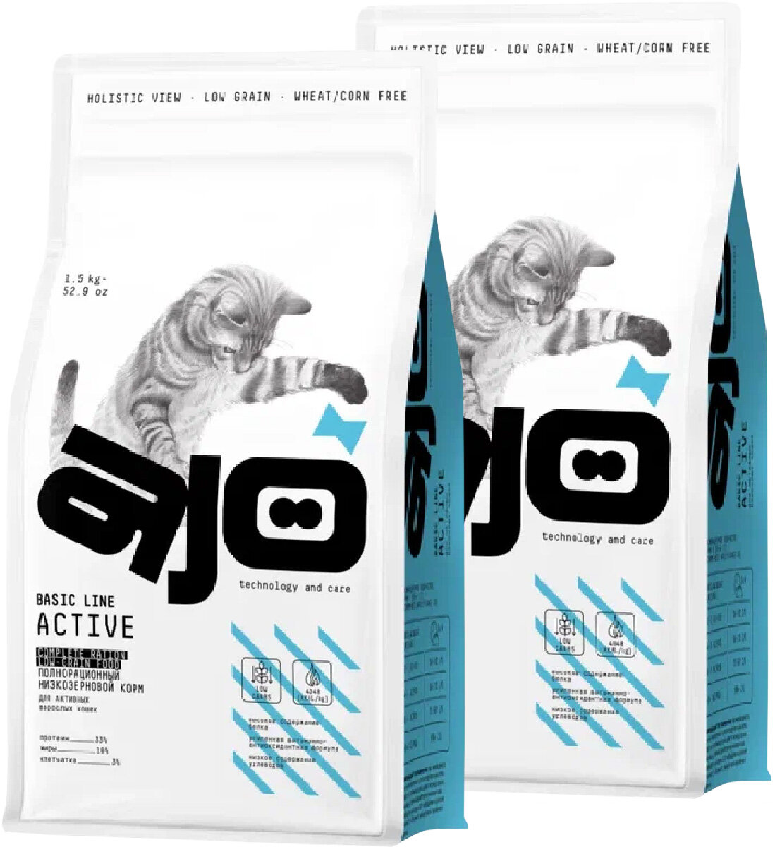 Корм сухой Ajo Cat Basic Line Аctive низкозерновой для активных кошек, индейка, 1,5 кг х 2 шт