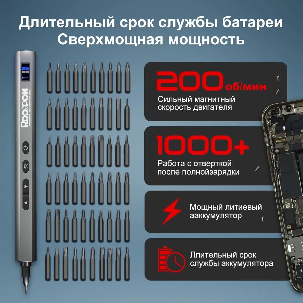 Электрическая отвертка RDDSPON Precision Screwdriver Kit с набором бит для точных работ ( с подсветкой , магнитная)