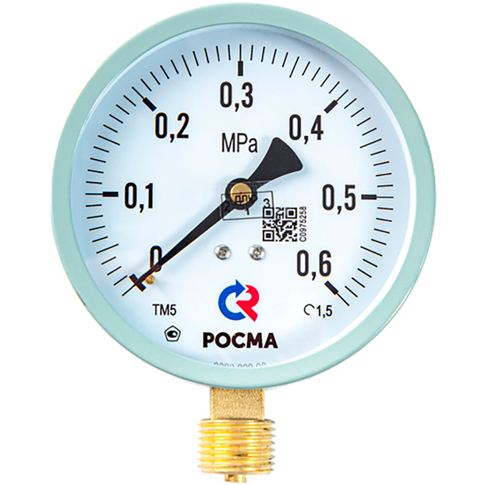 Манометр Росма ТМ-510Р.00 (0-0.6МПа) М20х1.5 1.5 общетехнический 100мм, тип - ТМ-510Р радиальное присоединение, резьба M20x1.5, шкала 0-0.6МПа, класс точности 1.5