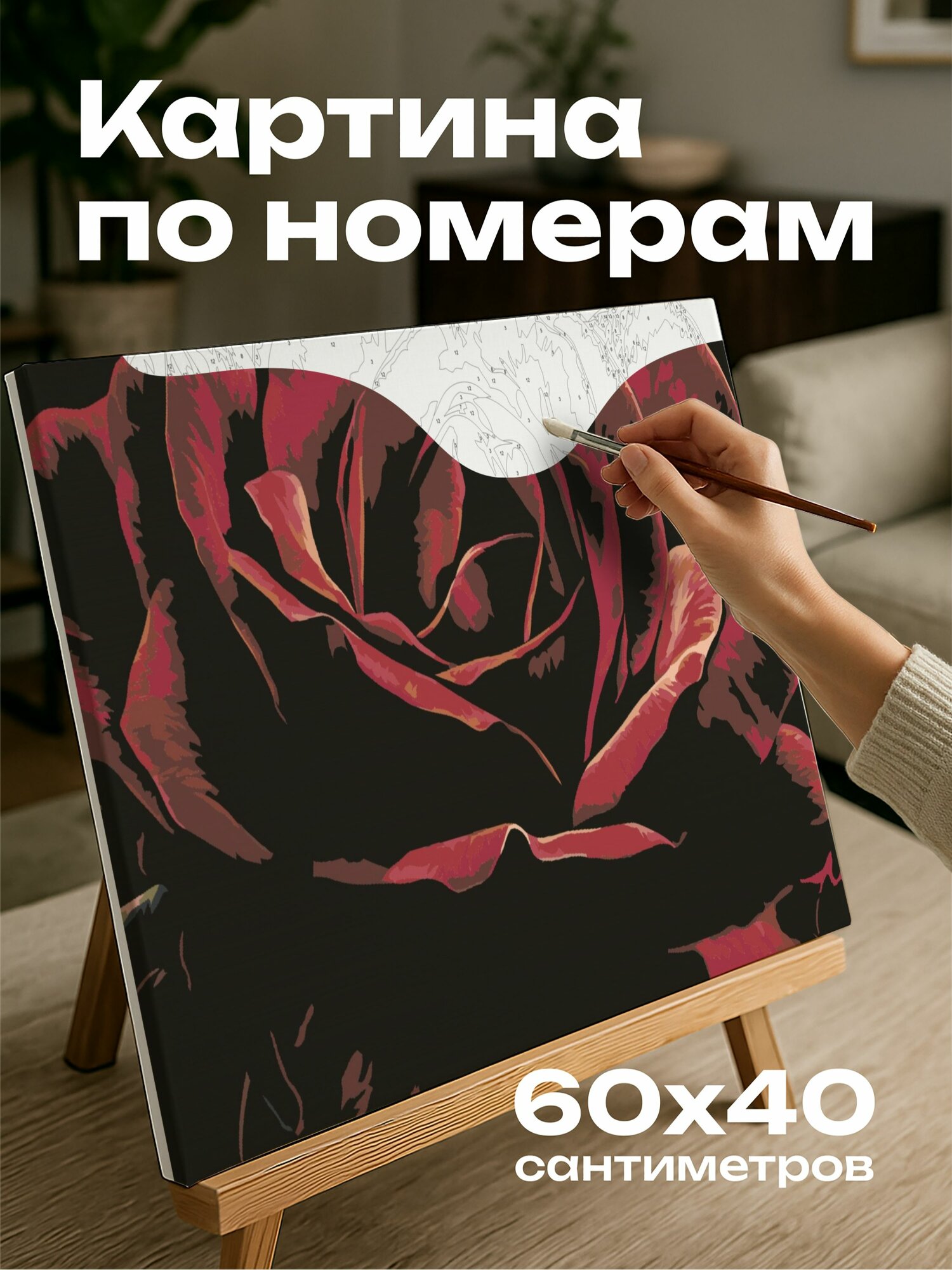 Картина по номерам 60x40 см, Малиновая роза, цветущая, бархатистые лепестки, роскошь, элегантность, темный фон, природа