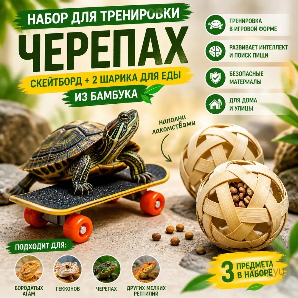 Набор для тренировки черепах: скейтборд + 2 шарика для еды из бамбука