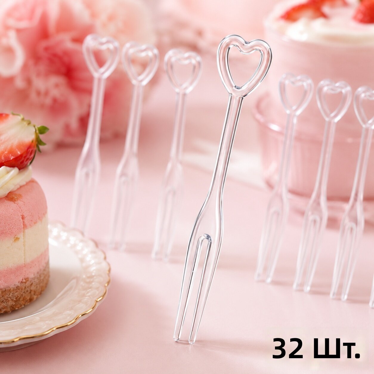 Десертные вилки в форме сердца, прозрачные, 32 шт.