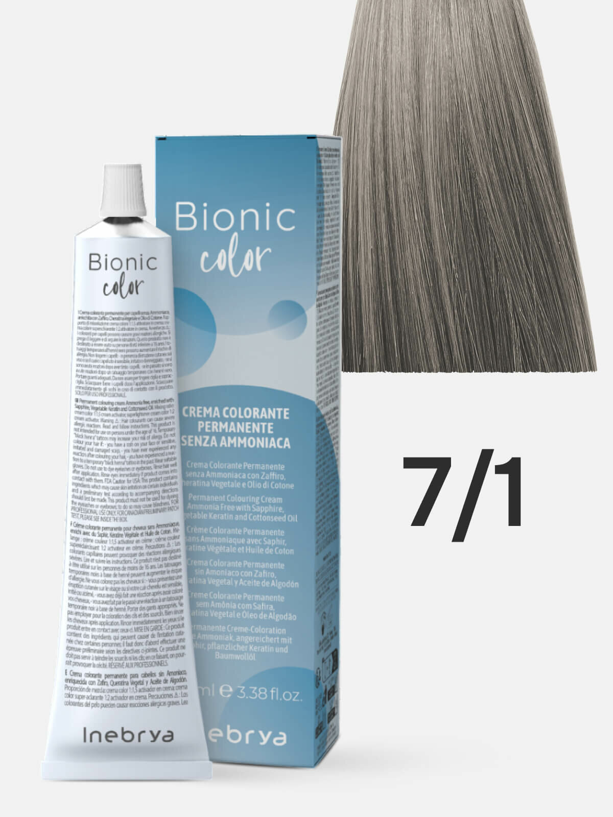 Крем - краска для волос профессиональная без аммиака Inebrya Bionic Color 7/1 Русый Пепельный, 100 мл