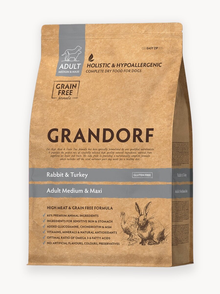 Grandorf Кролик с индейкой 10кг сухой корм (беззерновой) для взрослых собак средних и крупных пород от 1 года