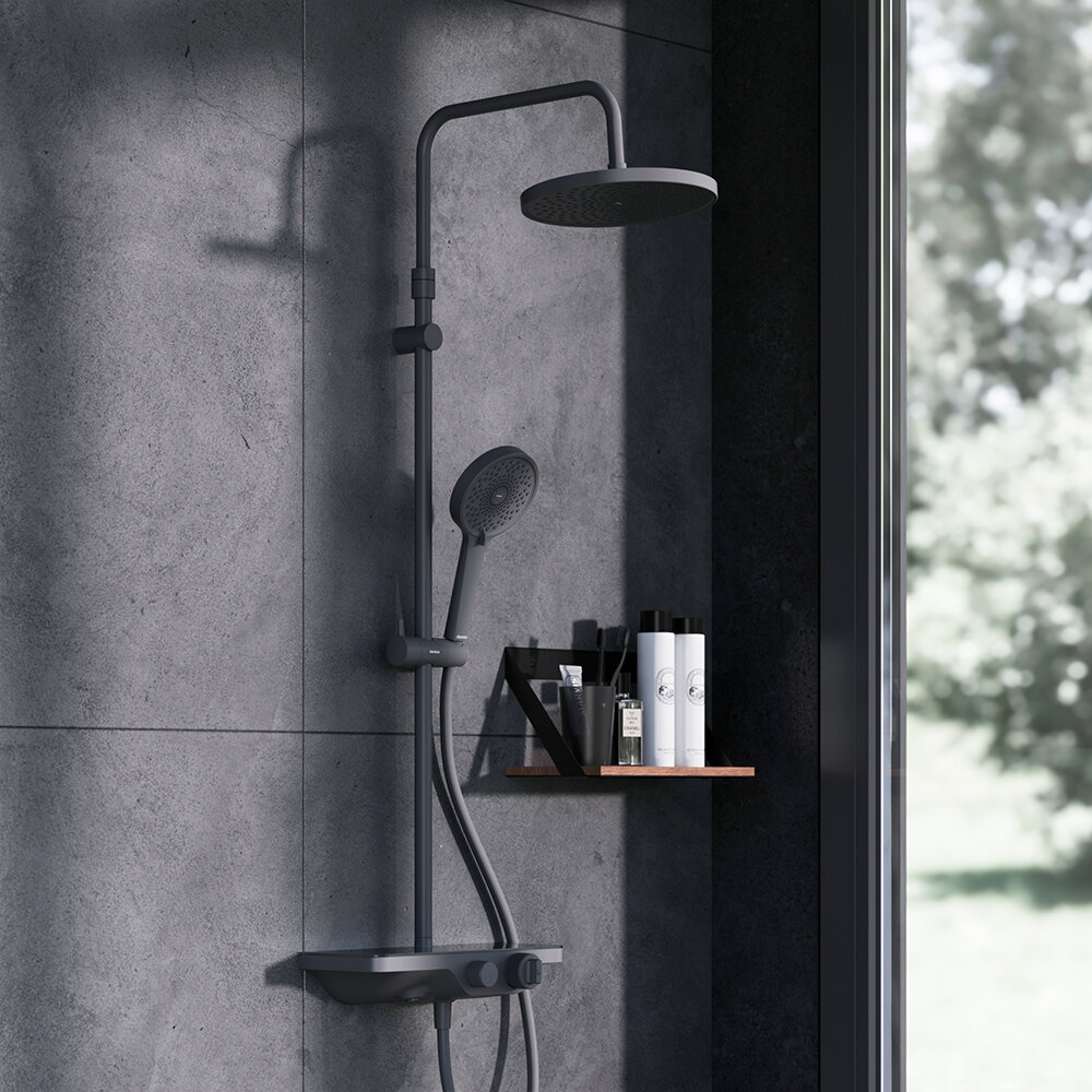 Душевая система с тропическим душем Damixa Timber, черный, смеситель с термостатом и полкой, телескопическая штанга