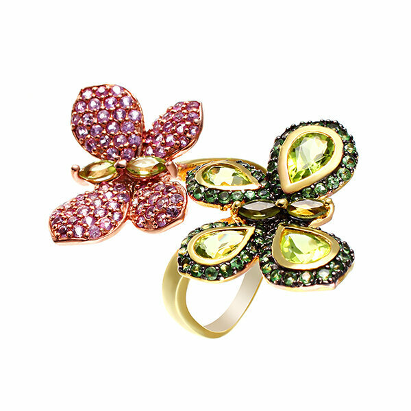 Кольцо, серебро, 925 проба, перидот, цаворит, сапфир