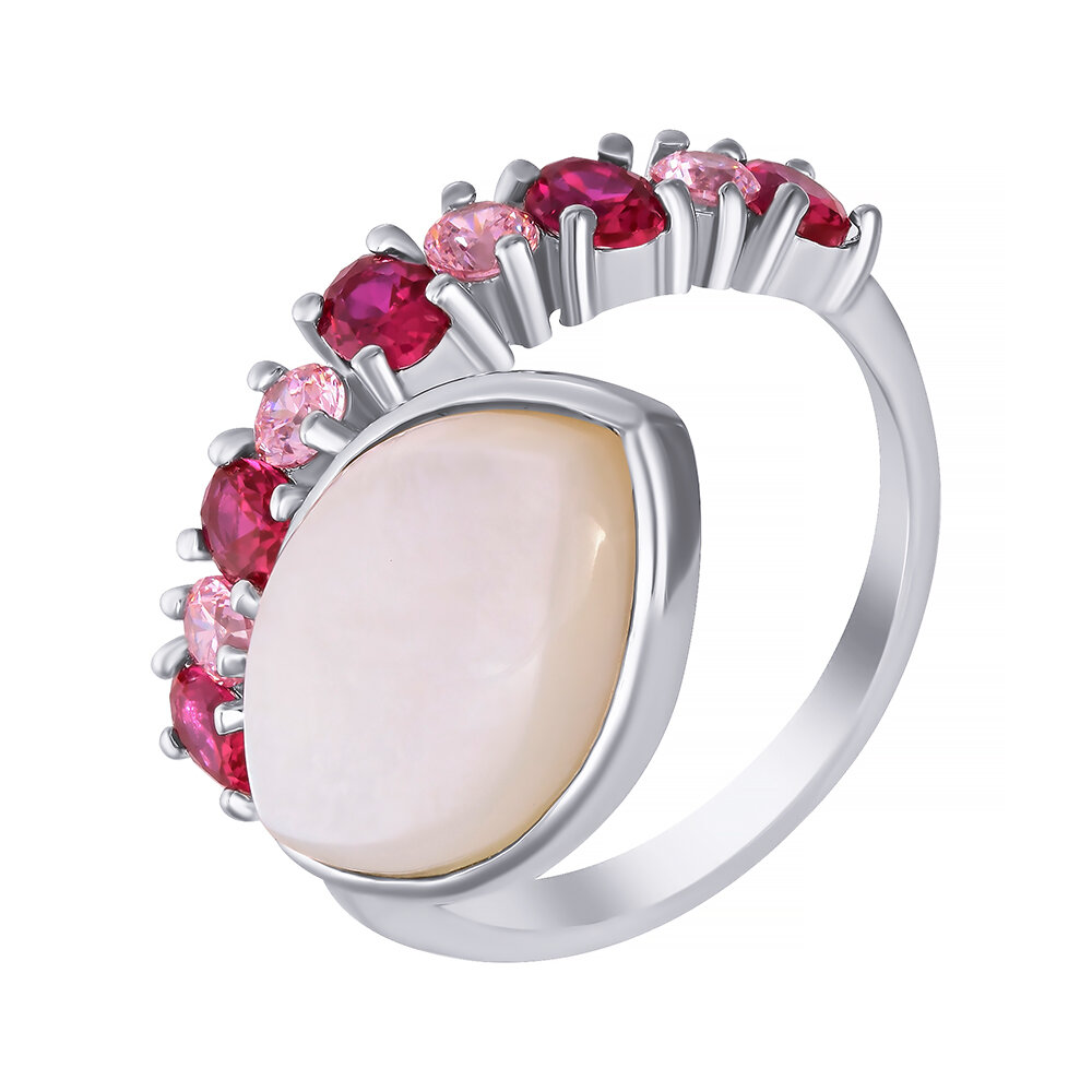 Кольцо, серебро, 925 проба, перламутр, фианит, рубин