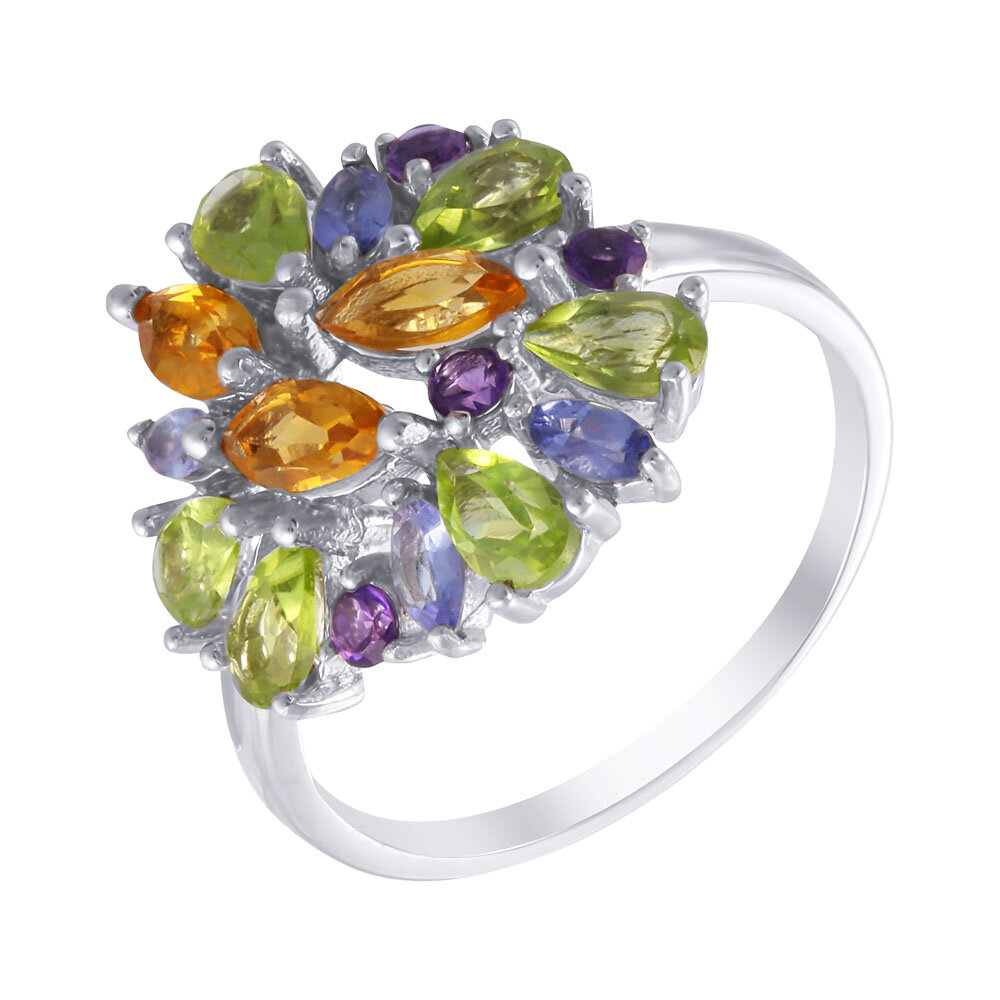 Кольцо, серебро, 925 проба, перидот, танзанит, аметист, цитрин